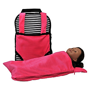 THE QUEEN'S TREASURES Pink, White and Black Doll Carrier Backpack and Doll Sleeping Bag, Compatible with 18" American Girl & 15 in Bitty Babies. Doll NOT Included