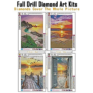 CHWGLFGG 4 Pack Diamond Painting Kits for Adults Beginners,DIY 5D Beach Landscape Diamond Art Kits,Round Full Drill Seaside Sunset Scenery Gem Art Kit,Home Wall Decor 9.8 x 13.8 Inch