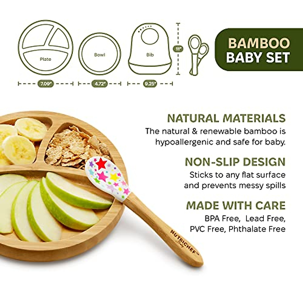Nutrichef Baby and Toddler, 3 Compartment Plate, Bowl, and Spoon Feeding Set- Silicon Suction, Non-Toxic All Natural Bamboo Baby Food Plate with Silicon Bib