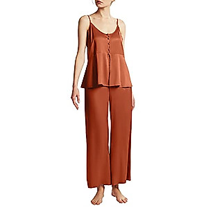 AW BRIDAL Satin Pajamas Set Sexy Silk Sleeveless Pjs Set Soft Camisole Tops and Pants 2 Pieces Sleepwear for Women Bride, Burnt Orange L