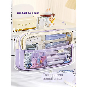 MILLEVIBE Kawaii ITA Pencil Pouch: Large Capacity Multi-Compartment Pen Case with Clear Window for Anime Display (Blue)