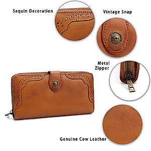 Women Wallet Genuine Leather Long Purse Zip Around Vintage Cowhide Handmade Clutch Card Holder Organizer (Brown)