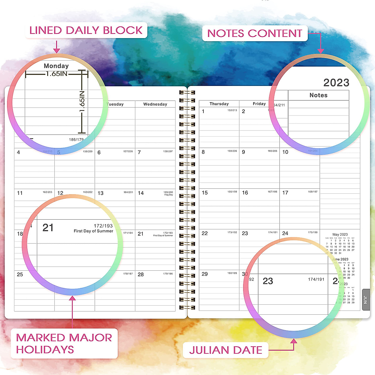 Appointment Book 2022-2023 - 2022-2023 Daily Hourly Planner, 8" x 10", July. 2022 - June. 2023, with 30-Minute Interval + Thick Paper + Round Corner + Twin-Wire Binding - Watercolor Ink