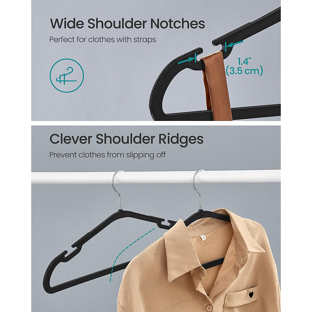 SONGMICS Clothes Hangers 50 Pack, Heavy-Duty Plastic Hangers, Coat Hangers with Wide Shoulder Notches, Pant Bar, 360° Swivel Hook, Space-Saving, 16.4 Inches, for Closet, Ink Black UCRP060B01