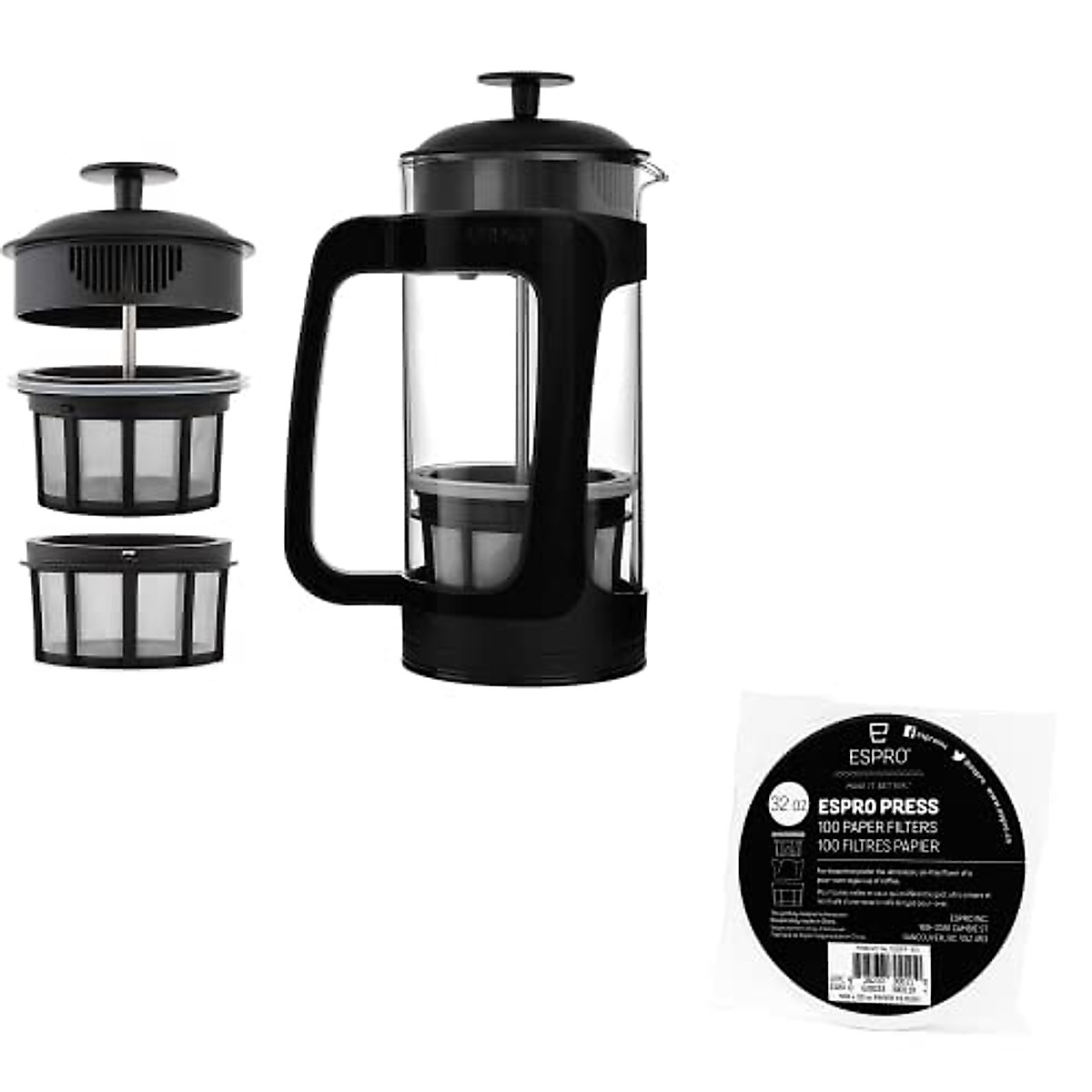 ESPRO P3 French Press - Double Micro-Filtered Coffee and Tea Maker, 32 Ounce, Black 100 Count Coffee Paper Filters