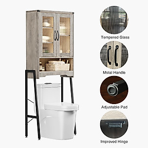 Over The Toilet Storage Cabinet with Tempered Glass Doors & Adjustable Shelf, Bathroom Organizer with Metal Stand Space Saver Over Toilet , Modern Toilet Rack for Bathroom, Restroom, Laundry, Grey