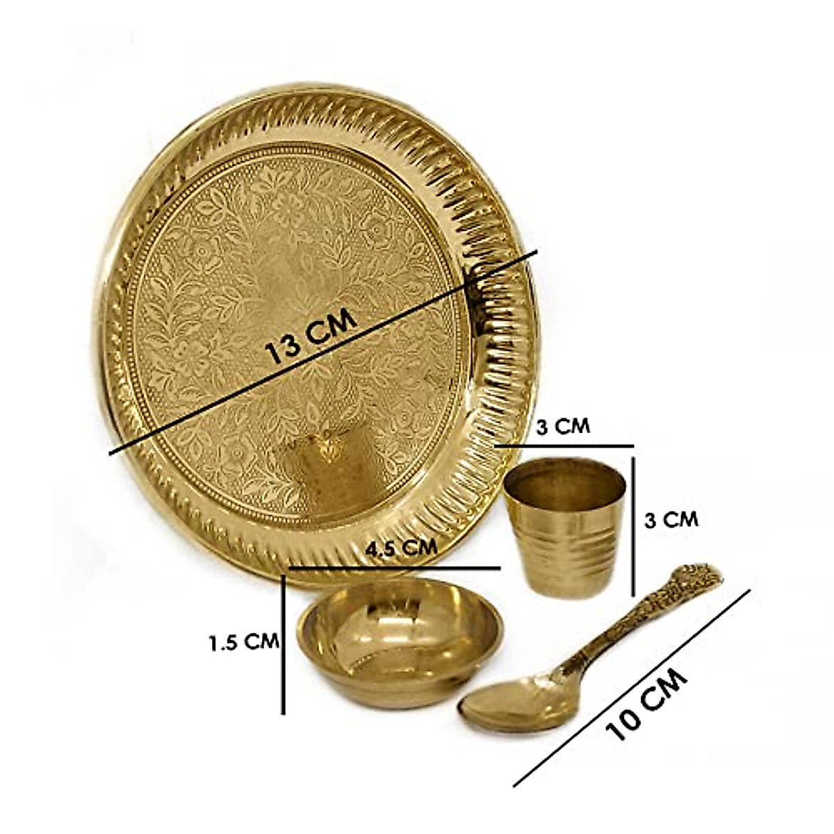 Satvik Brass 4 Pc Bhog Thali Set for Laddu Gopal Brass Bhog Thali with Glass, Bhog Bowl and Pooja Spoon for Home and Temple Kanha Ji Bhog Plate Set (Medium)