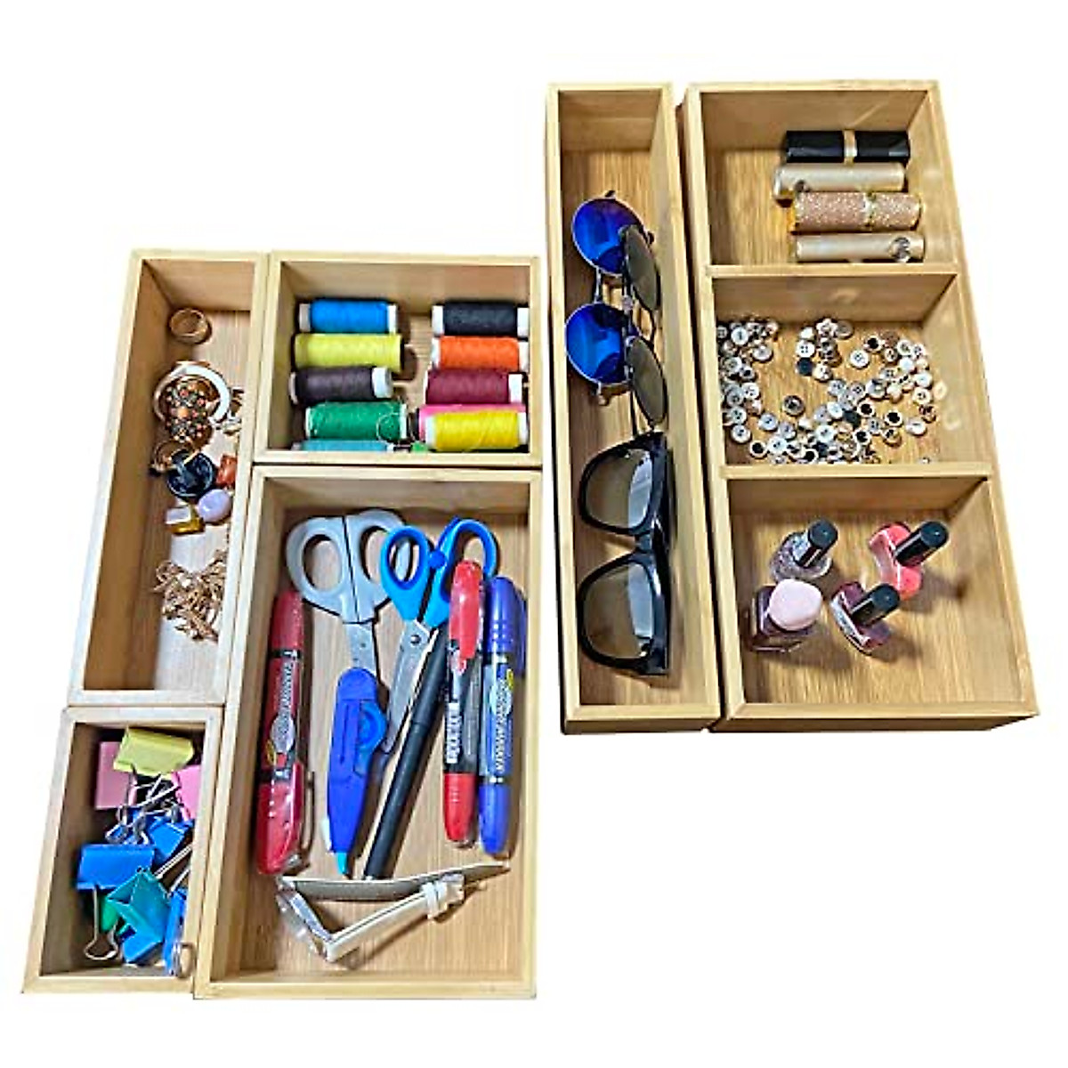 Bamboo Junk Drawer Organizer and 6 Storage Box Dividers Set,8 Compartment Organization Tray Holder for Craft,Sewing,Office,Bathroom.Kitchen …