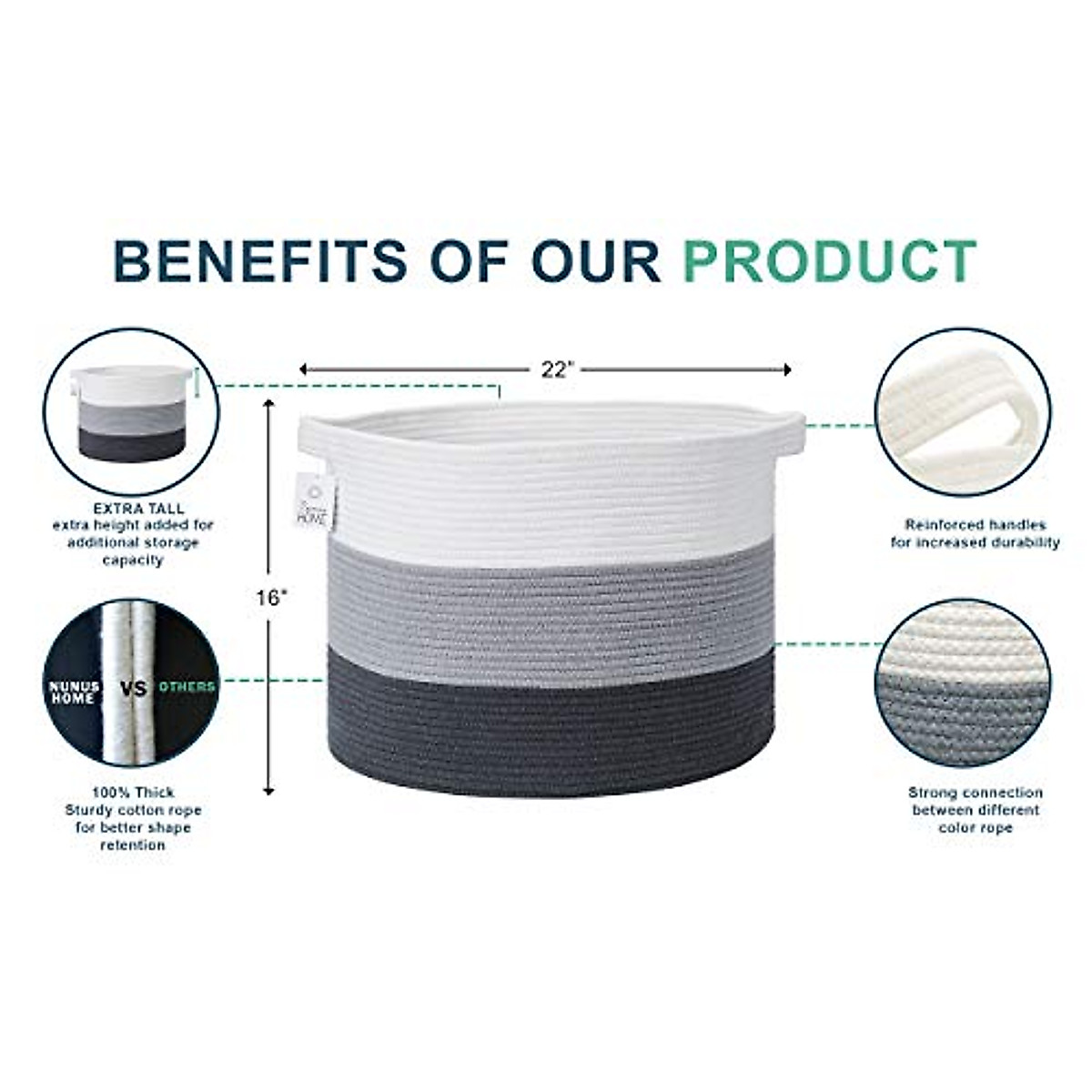 Nunus Home, Jumbo Woven Cotton Rope Basket (22"x22"x16") Blanket Basket, Blanket storage, Large Baskets for Blankets, Blanket Basket Living Room, Storage basket, Baskets for Organizing, Grey 3 shades