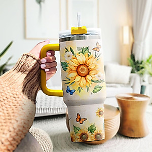 99OWL Yellow Women Flower Tumblers For Coffee Cups Floral Handle Butterfly, Tumbler 40 Oz With Handle Lid And Straw, Sunflower Inspirational, Sunflower Gifts