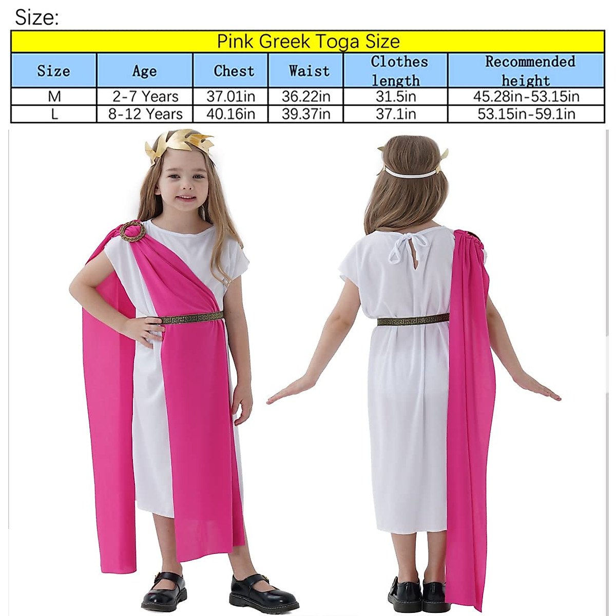 TOGROP Greek Toga Costume for Kids Girls Ancient Greece Mythos Philosopher Rome Nobility Cosplay 2-7 Years
