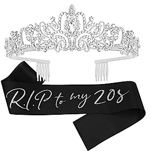 AOPRIE Birthday Sash for Women Birthday Crowns Rest in Peace 20s Birthday Tiara for Women Silver 30th Birthday Girl Headband Princess Crown Rhinestone Happy Birthday Accessories