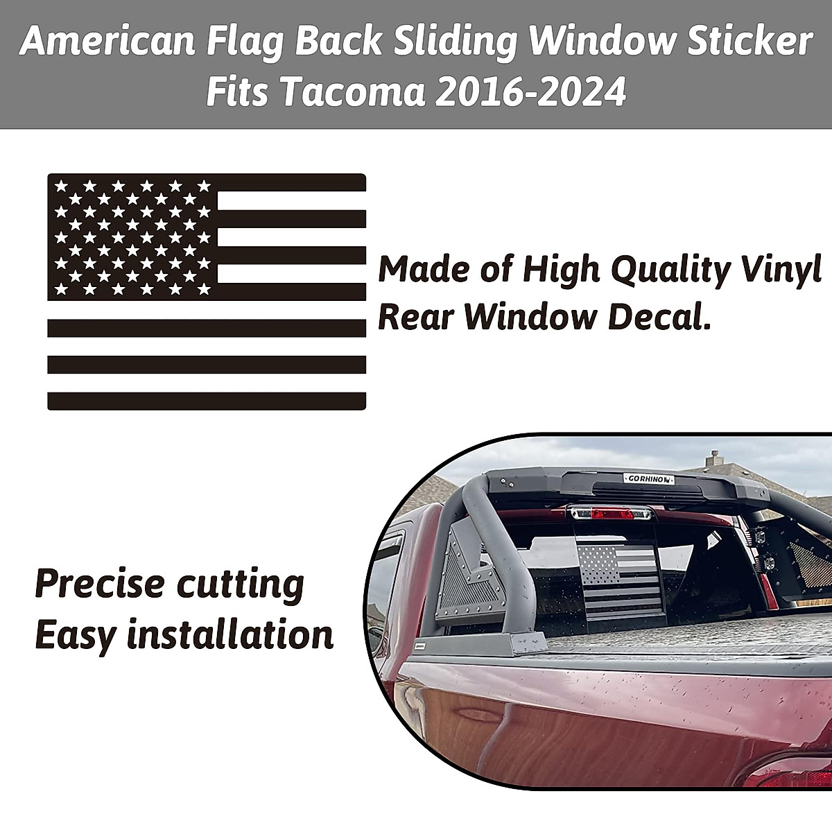 Zhizhong Rear Middle Window Decal Compatible with Toyota Tacoma 2016-2023, American Flag Back Center Sliding Window Glass Vinyl Sticker