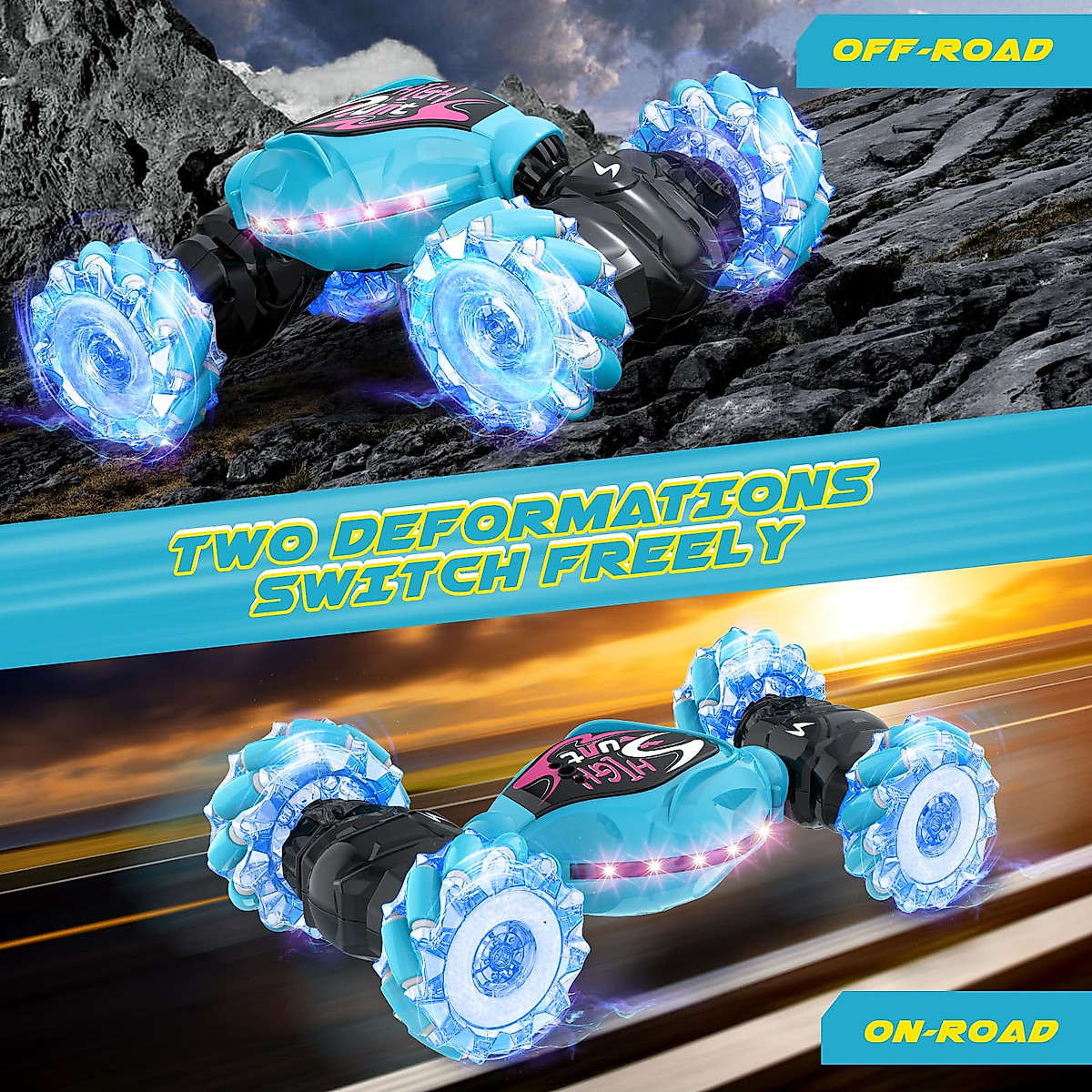OSIMILY Remote Control Car,2.4GHz LED Gesture Sensing RC Stunt Car,4WD Double Sided Rotation RC Car with Lights and Music,All Terrain Rotation Drift Car Birthday Gifts for Boys Girls (Blue)