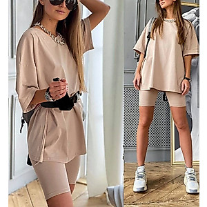 Glamaker Women 2 Piece Outfit sets Casual Oversized T-Shirt Tops Biker Shorts Workout Sport s Tracksuit Khaki Large