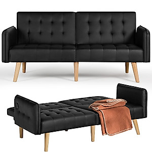 TYBOATLE Faux Leather Convertible 65'' Folding Futon Sofa Bed w/ 2 USB, Loveseat for Small Space, Apartment, Dorm, Living Room, Office, Black