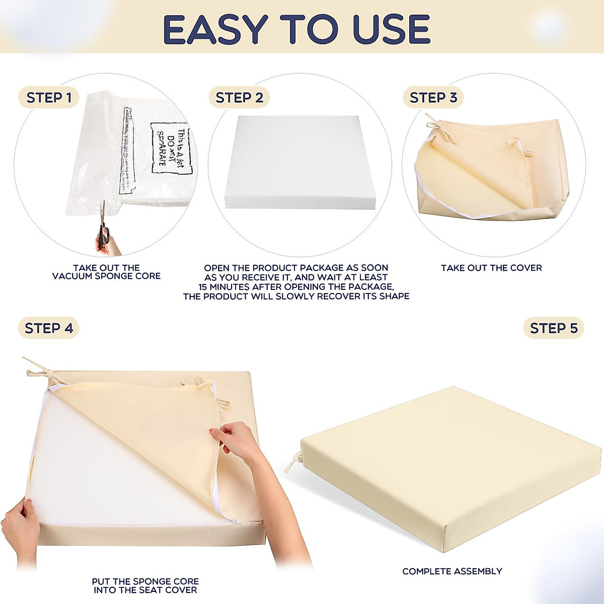 Preboun 6 Pack Outdoor Chair Cushions, 19" x 19" x 3" Patio Chair Cushion Waterproof Outdoor Seat Cushions with Ties Replacement Chair Pad for Patio Furniture Garden Sofa Couch Chair Pads (Beige)