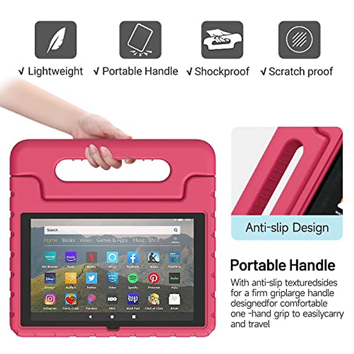 Simpleway Kids Case for Fire HD 8 Tablet 10th Generation 2020 Release, Fire HD 8 and HD 8 Plus Tablet Case for Kids,Shockproof Lightweight Rotating Foldable Handle Stand Holder Tablet Case Cover