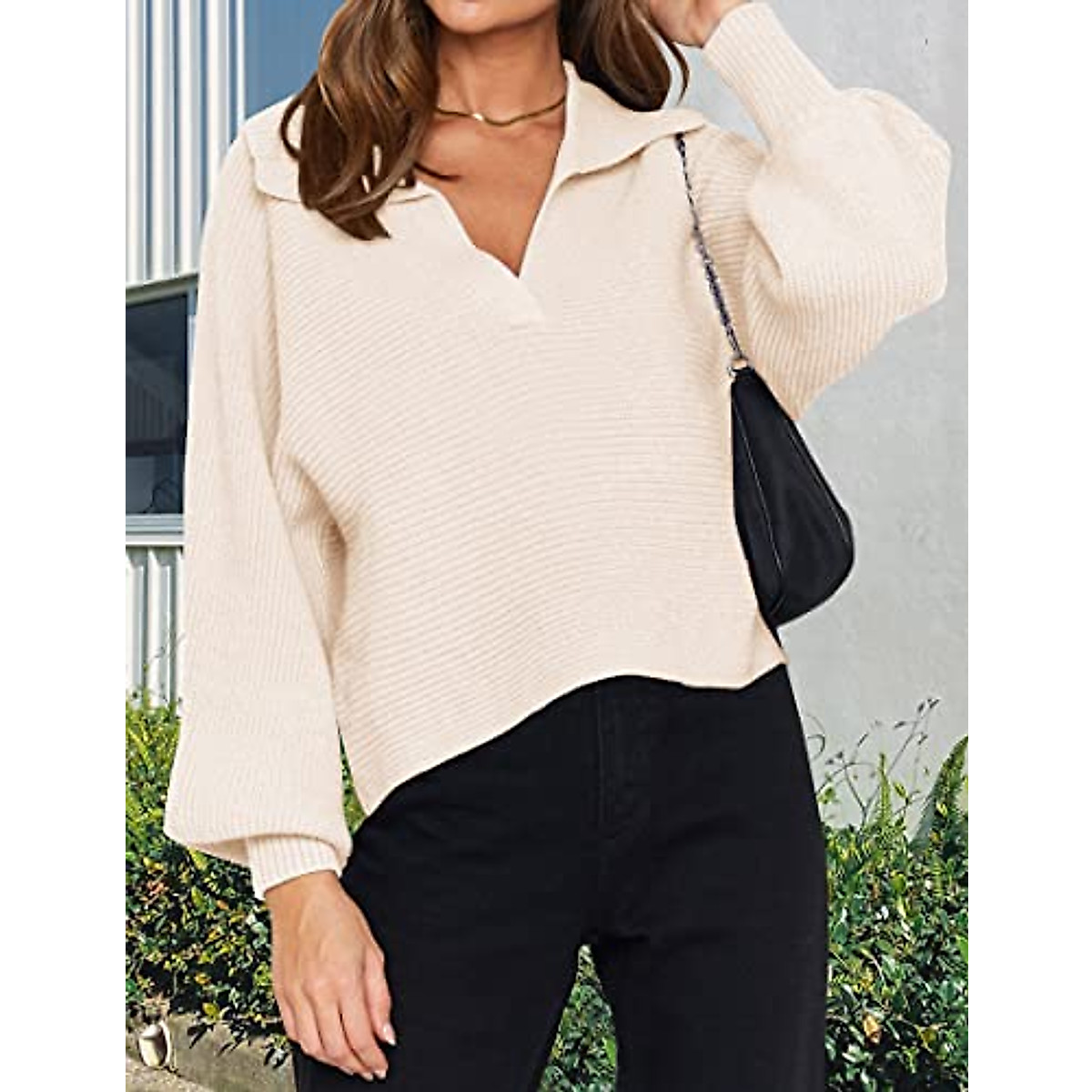 ZESICA Women's 2023 Fall Lapel Collar V Neck Long Sleeve Ribbed Knit Comfy Loose Casual Pullover Sweater Jumper Top,Beige,Medium