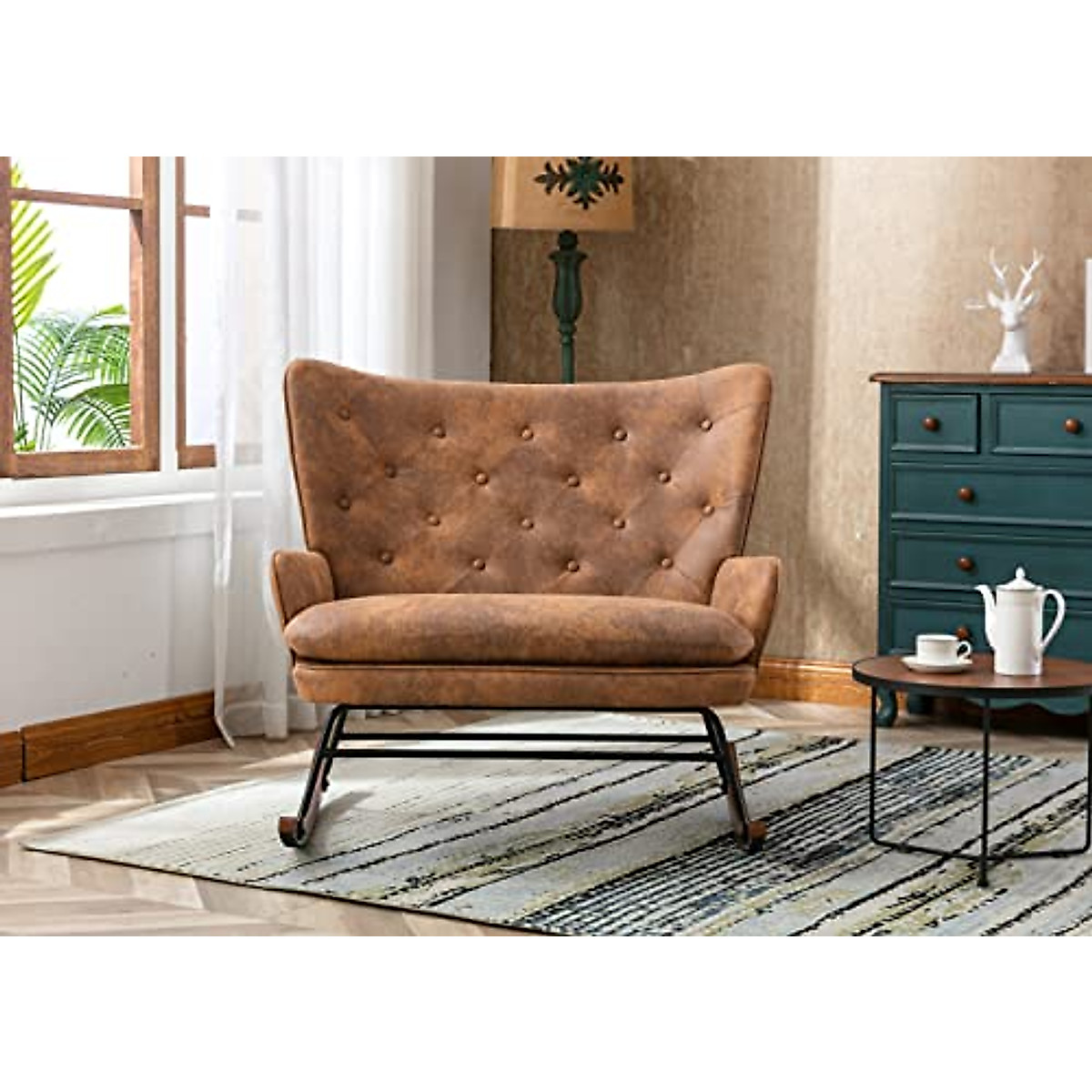 Henf Oversized Rocking Chair, Modern Velvet Rocker Armchair Loveseat Chair with Tufted High Back and Padded Seat Comfortable Accent Glider Rocker for Nursery Living Room Bedroom, Coffee