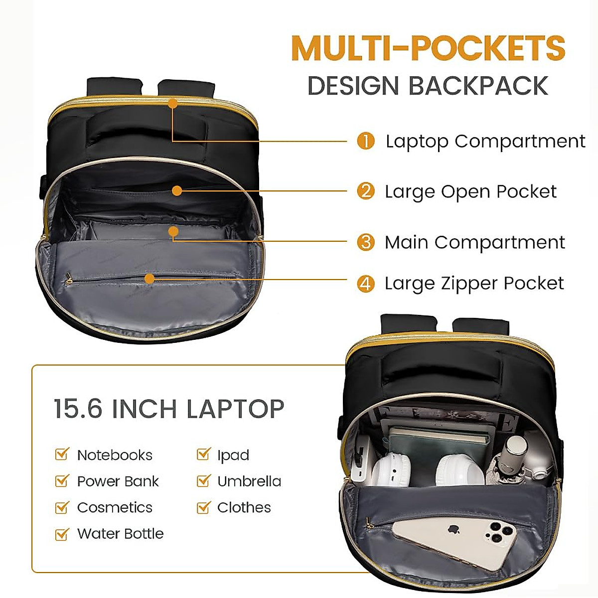 LOVEVOOK Laptop Backpack for Women,15.6 Inch Travel College Computer Back Pack,Work Backpacks with USB Port,Business Water Resistant Bag with Laptop Compartment for Teacher Nurse, Black-Yellow-White