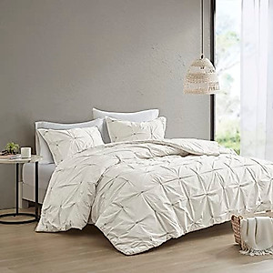 Ink+Ivy Masie Duvet Cover King/Cal King Size - White , Elastic Embroidery Tufted Ruffles Duvet Cover Set – 3 Piece – 100% Cotton Percale Light Weight Bed Comforter Covers