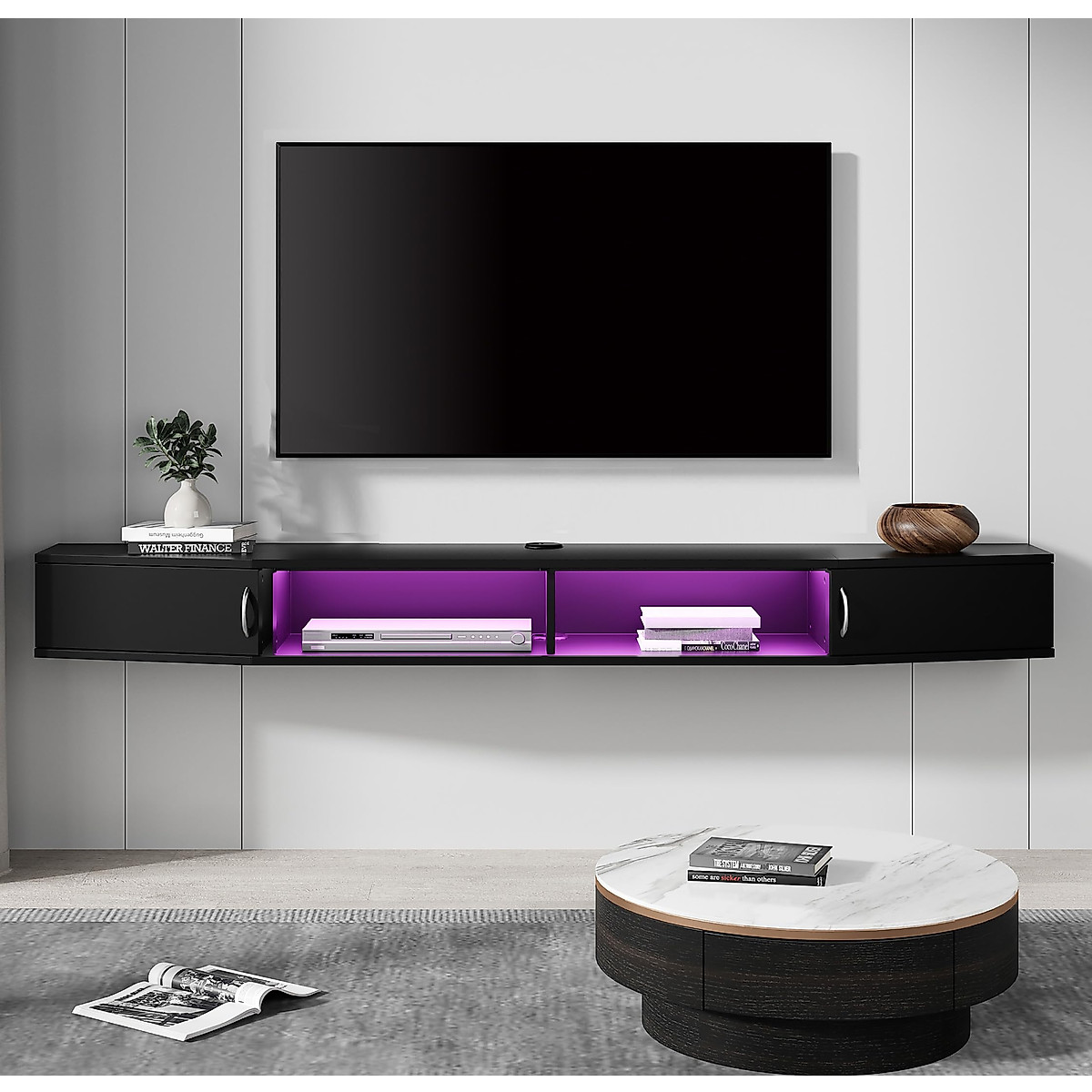 FITUEYES Floating TV Stand Wall Mounted Shelf with Colorful LED Lights, Wood Media Console Entertainment Center Under TV, Cabinet Hutch Desk Storage for Home and Office,Black
