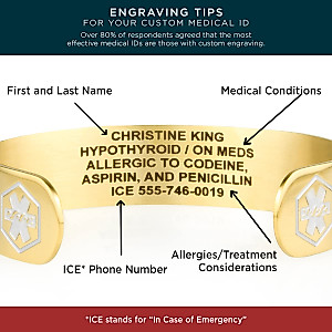 Lauren's Hope Custom Engraved Medical ID Cuff Bracelets for Women, Rose Gold, Silver and Gold (Gold Tone)