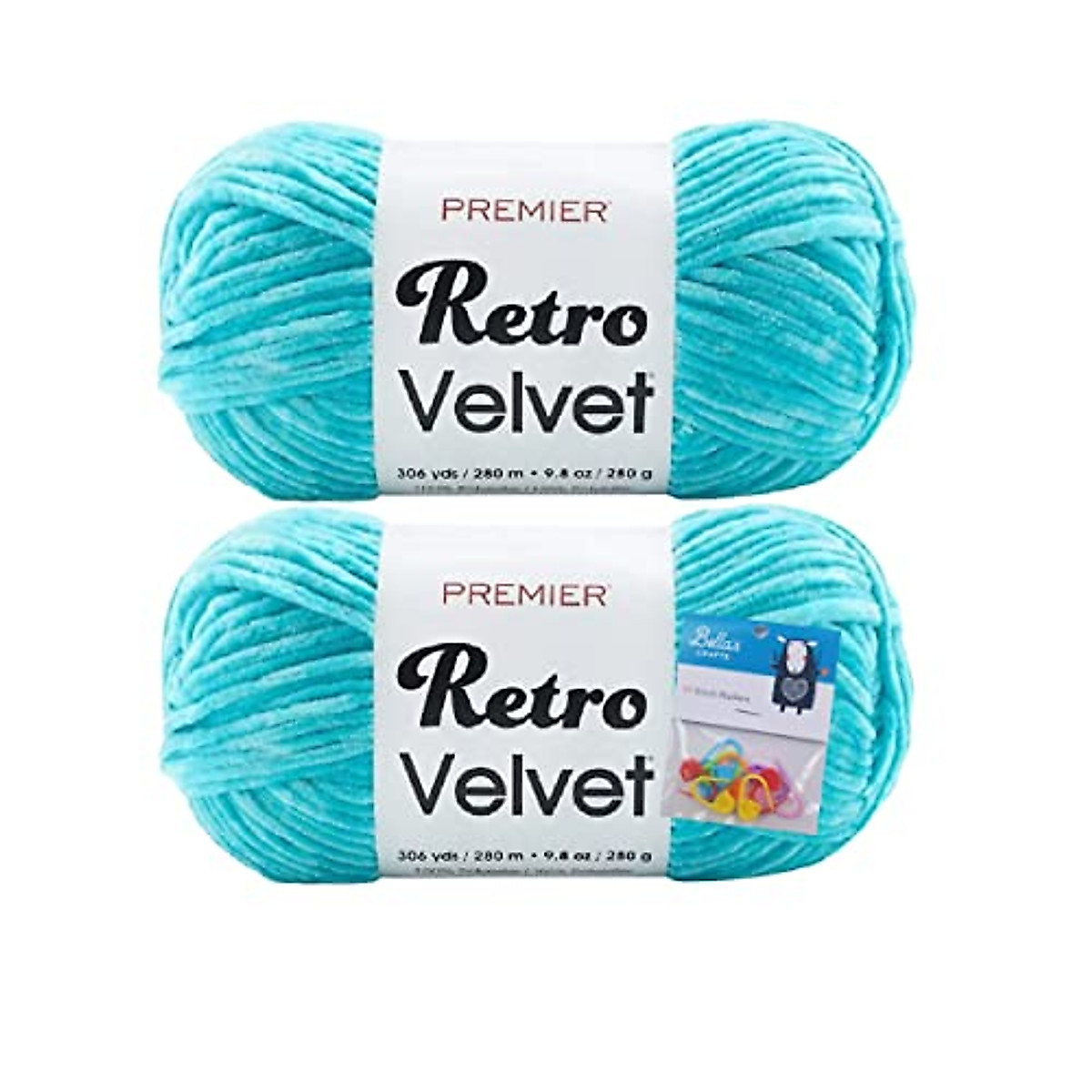 Premier Yarns Retro Velvet Yarn - Big Ball 9.8 Oz - 2 Pack Bundle with Bella's Crafts Stitch Markers (Aqua)