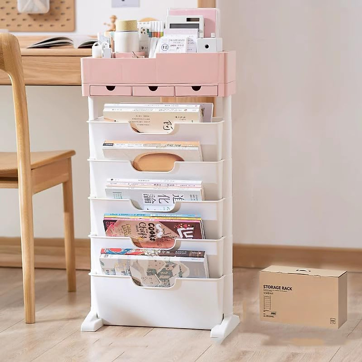 EMENAR Mobile Bookshelf, 6 Tier Moveable Bookshelf Organizer with 360° Universal Wheel, Storage Book Shelves, 2023 New Standing Bookcase for Office Classroom Bedroom (no Wheel,Pink)