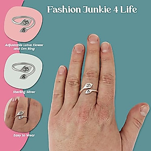 FashionJunkie4Life Sterling Silver Adjustable Lotus Flower and Om Symbol Ring, Yoga Jewelry Ohm Namaste