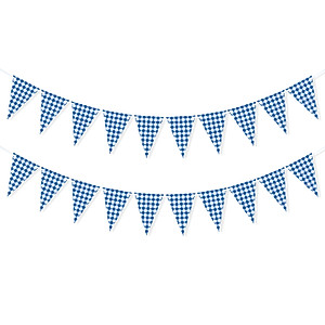 VILIFEVER 2 Pieces Blue Checkered Flags Banner, Double Sided Blue and White Gingham Bunting Garland for Summer BBQ Picnic Wedding Baby Shower Birthday Party Decorations Supplies