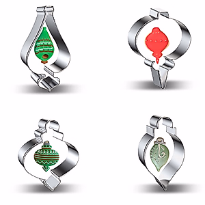 Christmas Finial Ornament Cookie Cutters Set of 4 - Teardrop Bulb Round Lantern Pendant Shaped Stainless Steel Biscuit Mold Cookie Cutter for Christmas Tree, Wedding and Birthday Party Decorations