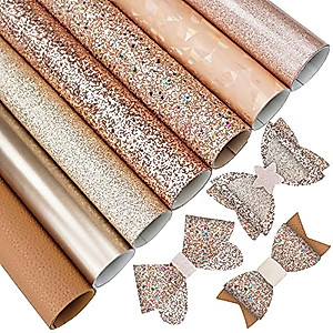 7 Pieces/Set 8x12 Inch (21cmx30cm) A4 Bundle Leather Sheets Mixed Rose Gold Series Sparkle Fine Chunky Glitter Patent Litchi Holographic Faux Leather Fabric for Bow Earring Making DIY Craft