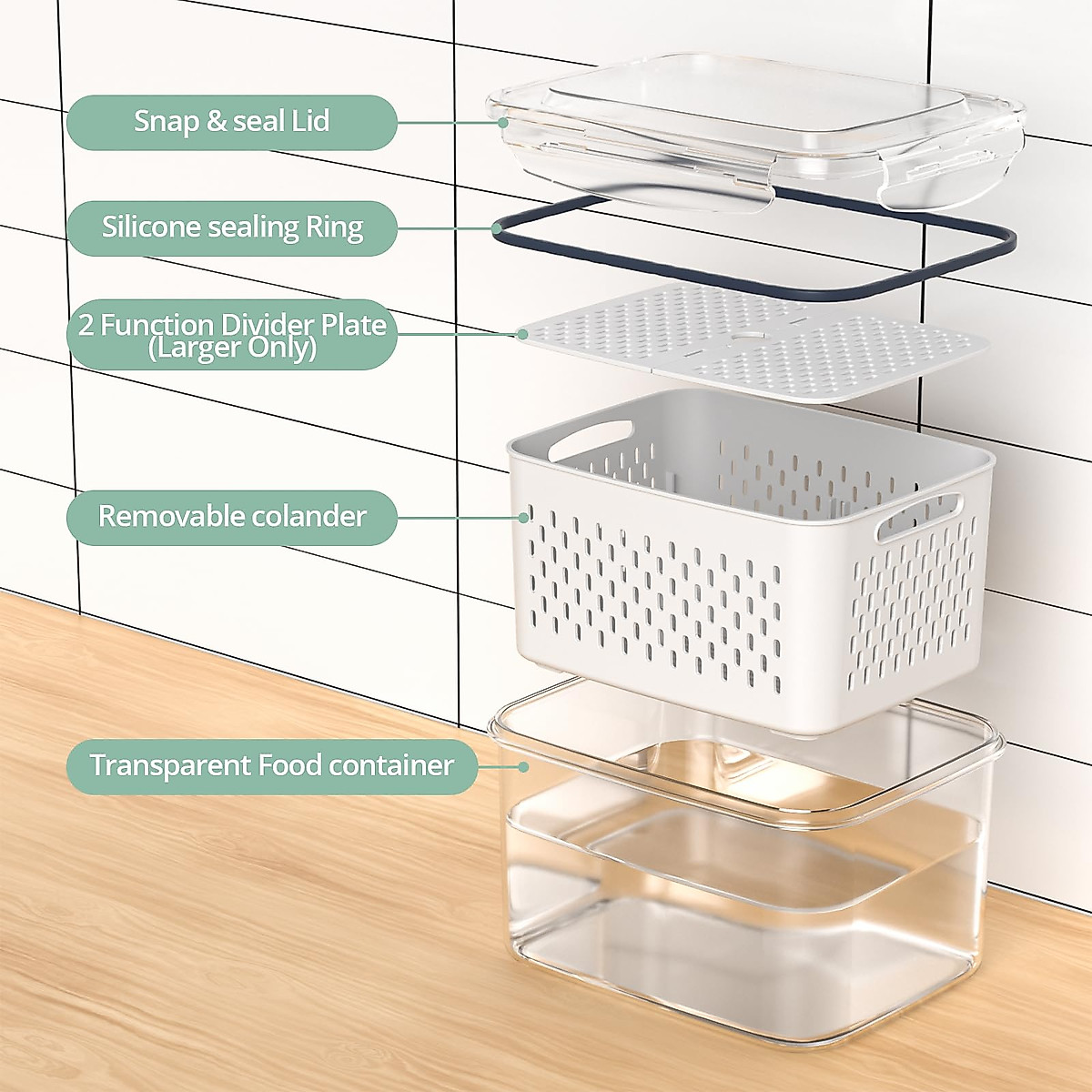 Fruit Storage Containers for Fridge with Removable Colander, 24PCS Fruit Containers for Fridge with 2 Function Divider Plate, Airtight Storage Container to Keep Berry Fruit Fresh, Dishwasher Safe