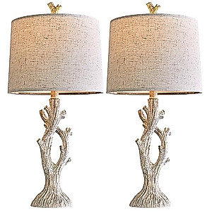 OYEARS 26.25" Farmhouse Table Lamp Set of 2 for Living Room Bedroom Resin Bedside Tree Lamp Nightstand End Table Lamps Vintage Natural Style（Brown）