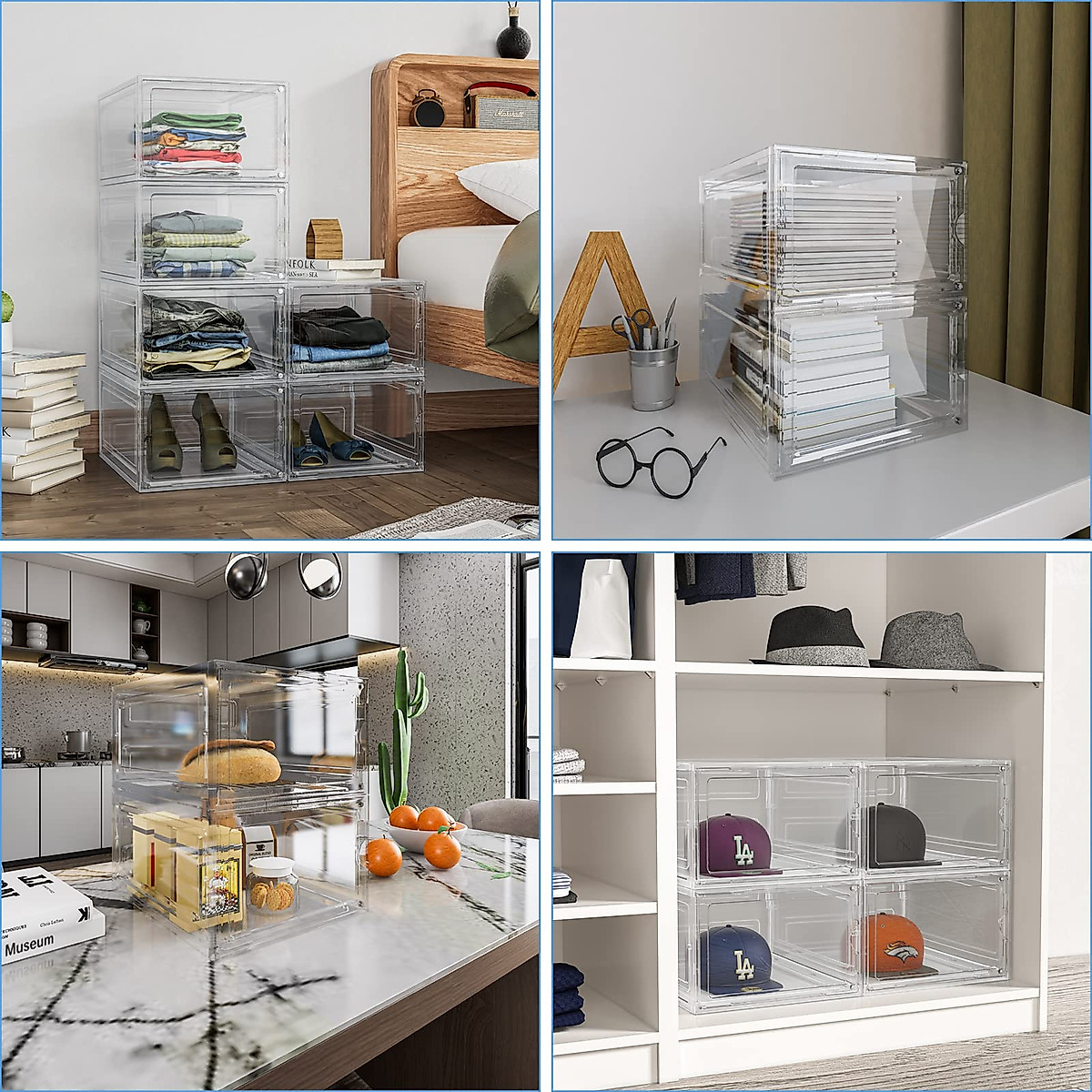 Shoe Storage Boxes, Shoe Organizer Shoe Display Case, Shoe Holder Clear Plastic Stackable Sneaker Box, Zapateras Organizer for Closet Drop Front Shoe Box Fit up to US Size 12(13.4”x 10.5”x 7.4”)