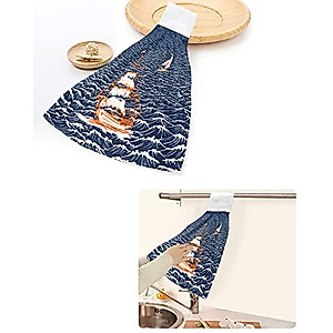 Nautical Adventure Ship Ocean Sailboat Hanging Kitchen Towels Soft Absorbent Hand Tie Towels Set with Hook&Loop,Rough Sea Waters Seascape Tea Bar Dish Cloths Towel for Bathroom Laundry Room BBQ,1pc