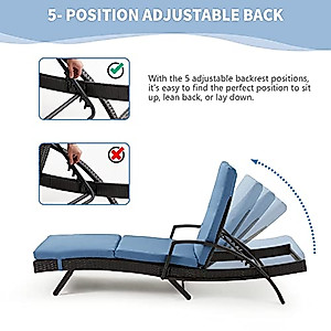 GYUTEI Patio Lounge Chair Rattan Chaise Lounge Chair with Adjustable Backrest Thickened Cushion,PE Rattan Steel Frame Outdoor Reclining Chaise for Patio Backyard Porch Garden Poolside(Light Blue)