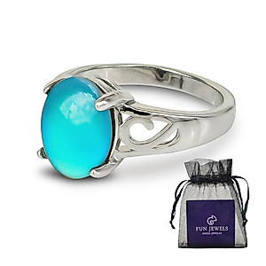 FUN JEWELS Classic Silver Color Plating Multi Color Change Oval Crystal Stone Emotion Feeling Mood Ring For Women