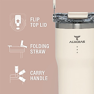 ALWDIAS Samsta Stainless Steel Tumbler with Handle and Straw | Leakproof Vacuum Insulated Water Bottle | Keep Cold 24H | Cup Holder Friendly Double Walled Travel Mug | 20 oz, White Cream