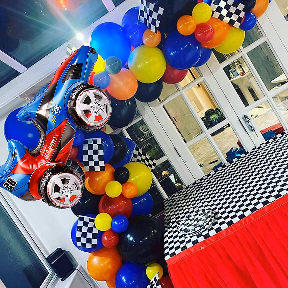 YNOU 121 Pcs Racing Car Balloons Arch Garland Kit Decorations, Race Car Foil Balloons Checker Flag for Monster Car Truck Party, Finish Line Race Car,Nascar Party Supplies