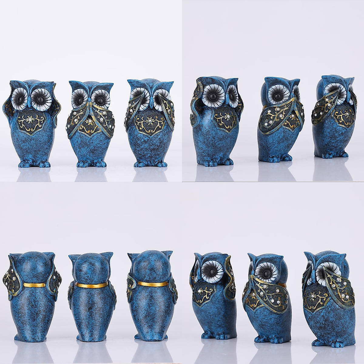 Owl Statue 3 Piece Set, Don't Look, Don't Hear, Don't Tell Owl Decor, Three Wise Owl Figurines for Shelf Decor, Living Room Bedroom Room Decor, Blue and Gold Home Decor