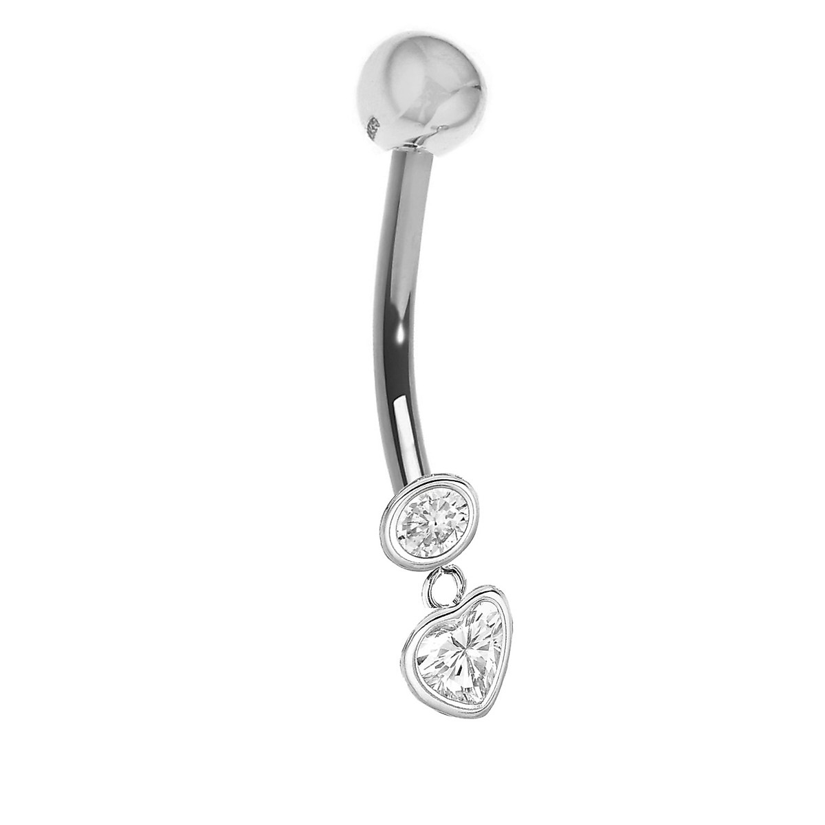 Ritastephens 14k Solid White Gold Cubic Zirconia Dangle Heart Belly Button Navel Ring Body Art 14 Gauge
