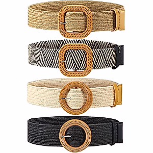 4 Pack Straw Woven Belt Elastic Stretch Rattan Waist Belt Women Skinny Raffia Dress Belt Wooden Buckle Waist Dress Band (Retro Color, Medium)
