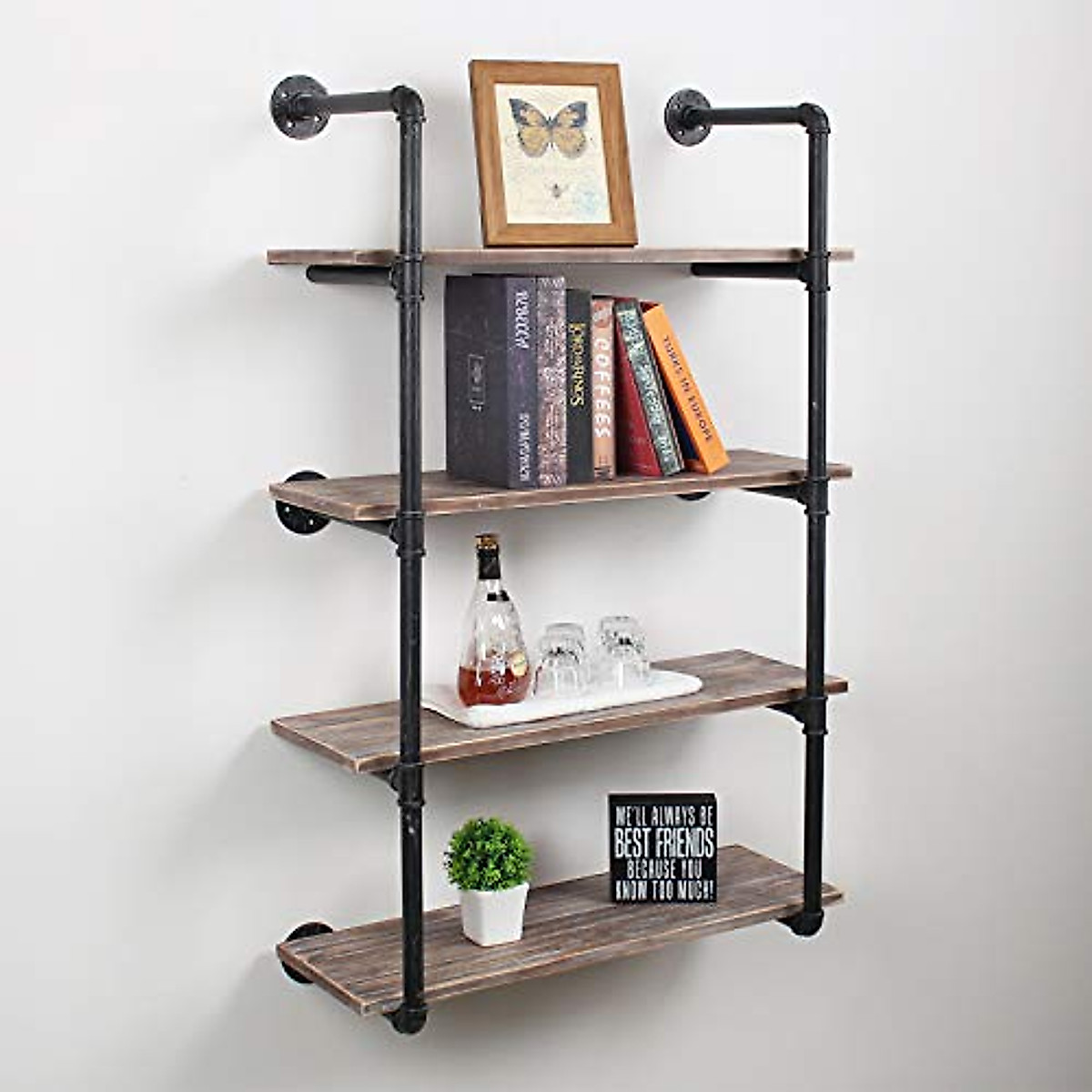 Industrial Pipe Floating Shelves,4 Tiers Wall Mount Bookshelf,30in Rustic Wall Shelves,DIY Storage Shelving Wall Shelf,Rustic Wall Shelving Unit,Wall Book Shelf for Home Organizer,Black Brushed Silver