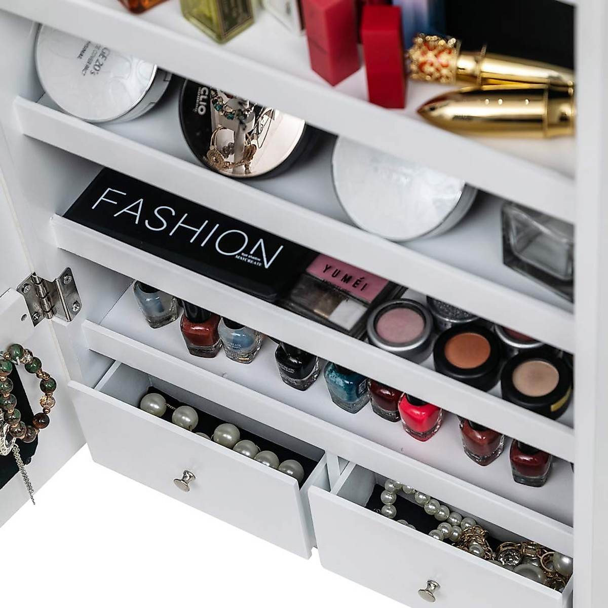 HOUAGI Modern White Jewelry Armoire with 5 LEDs, Mirror, 4 Drawers, Wall Mounted, Jewelry Organizer for Women, Wedding, Birthday, Earring Storage