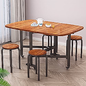 Rukulin Drop Leaf Dining Table – Solid Wooden Foldable Kitchen Table with 6 Wheels for Dining Room (Brown)