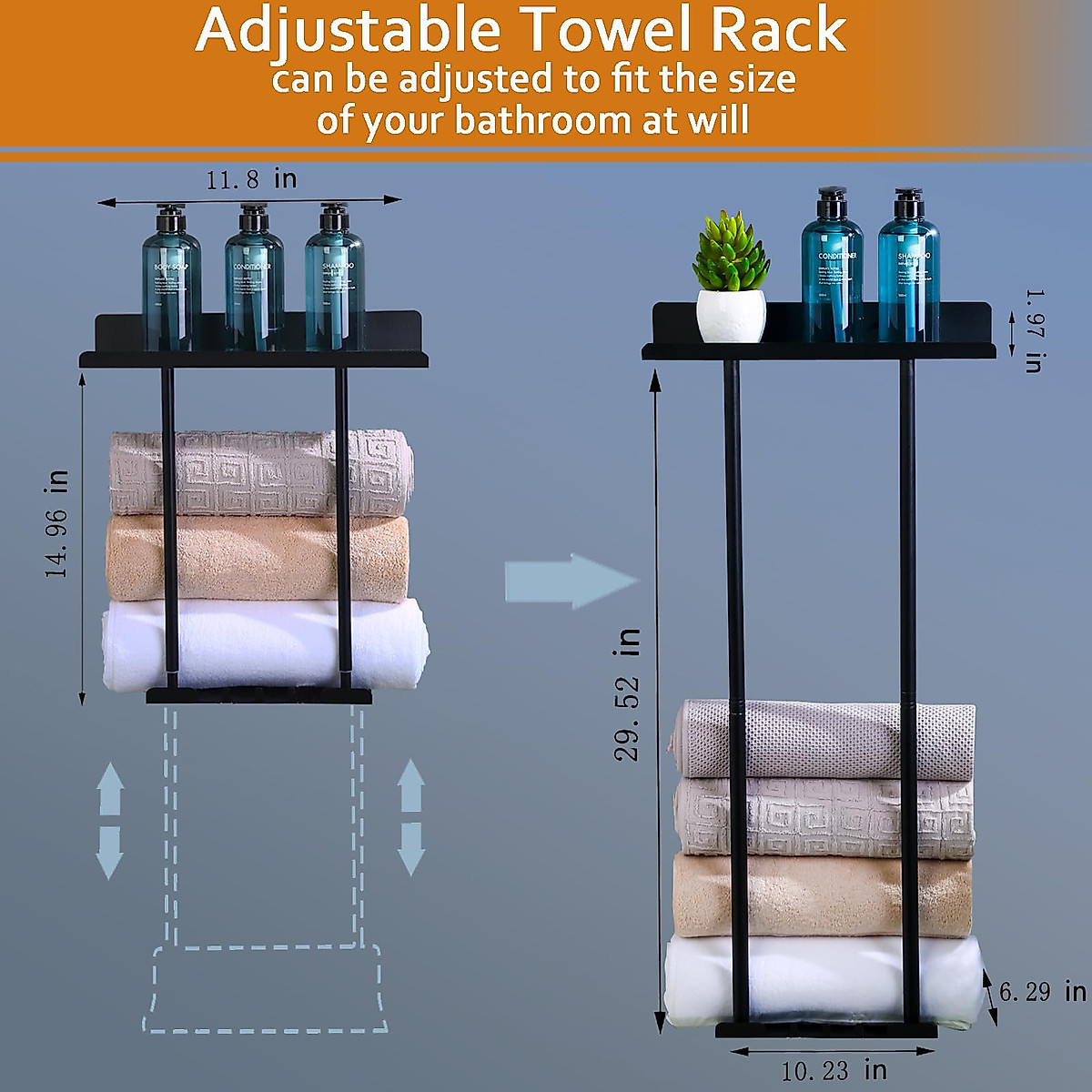 Klapber Metal Towel Rack Wall Mounted Towel Holder for Bathroom Wall, Black Bath Towel Racks for Bathroom Towel Storage Rack with Hanging Hooks & Shelve for Rolled Towel Organizer Modern Towel Shelf