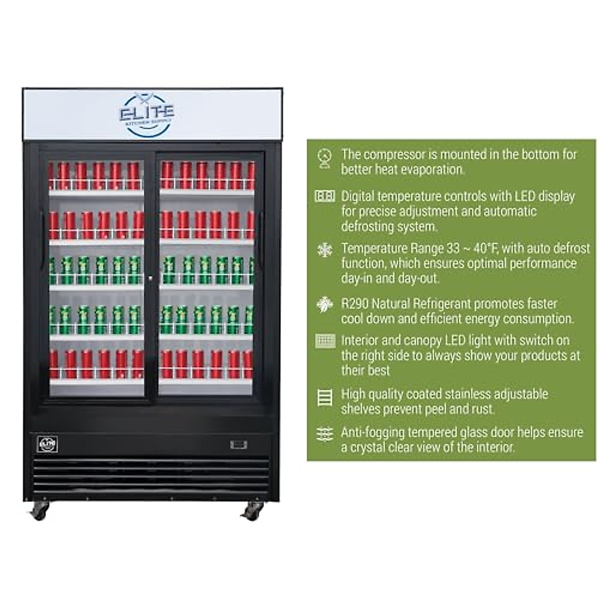 Elite Kitchen Supply Commercial 2 Sliding Glass Door Refrigerator Merchandiser, ETL NSF Upright Display Fridge Cooler Stainless Steel 2 Section 47" W 33.3 cu. ft. Fan Cooling, Restaurant